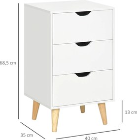 HOMCOM Noční stolek s 3 zásuvkami ve skandinávském stylu pro ložnici a obývací pokoj, 40 x 35 x 68,5 cm, bílý