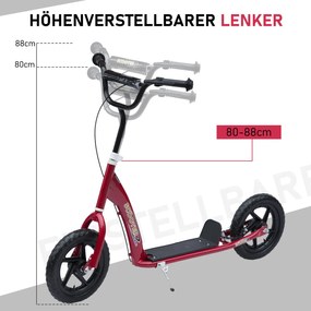 HOMCOM Dětská koloběžka Městská koloběžka Koloběžka 12 palců se zadní brzdou výškově nastavitelná z oceli EVA v červené barvě 120 x 52 x 80-88 cm pro…