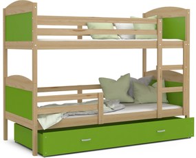 BabyBeds Dětská patrová postel s úložným prostorem MATYÁŠ borovice Velikost postele: 200x90 cm, Barva šuplíku: Zelená