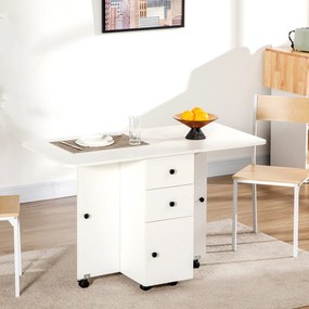 Skládací jídelní stůl HOMCOM s kolečky, skládacími křídlovými deskami, šuplíky a skříňkou pro 4-6 osob 120x60x76,5 cm Bílý