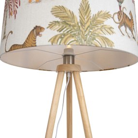 Dřevěná stojací lampa na trojnožce s vícebarevným stínidlem se zvířecím potiskem 50 cm - Lou