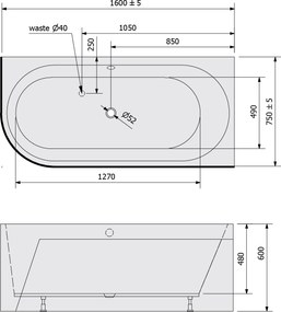 Polysan ASTRA R MONOLITH asymetrická vana 160 x 75 x 60 cm pravá akrylát šedá 34611M.30
