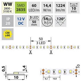 LED pásek McLED 12V teplá bílá CRI90 š=10mm IP20 14,4W/m 60LED/m SMD2835 ML-121.700.60.2