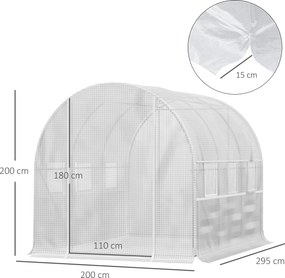 Fóliový skleník Outsunny 2,95x2x2m s rolovacími okny, UV ochrana a ochrana proti větru, ocelová konstrukce v bílé barvě | Aosom.de