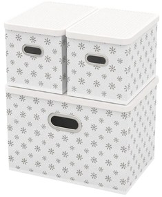 HomeLife Úložný box s víkem - sada 3 ks bílá kytičky