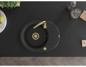 Mexen Kevin, granitový dřez 586x458x190 mm, 1-komorový, černá se zlatým sifonem, 6517581005-77-G