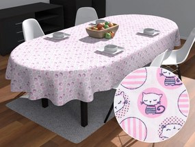 Biante Dětský bavlněný oválný ubrus Sandra SA-126 Růžové kočičky a srdíčka 120x200 cm
