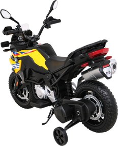 Ramiz Dětská motorka na baterie BMW F850 GS žlutá + pomocná kolečka + audio LED + pomalý start + EVA