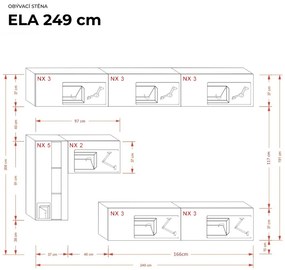 Ral Obývací stěna ELA 3, 249 cm - Černo/bílý lesk