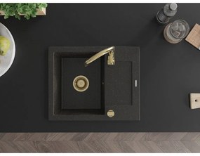Mexen Enzo, 1-komorový granitový dřez s odkapávačem 58x47 cm a kuchyňskou baterií Telma, černá-zlatá, 6506-75-670200-50