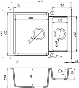 Sink Quality Ferrum, kuchyňský granitový dřez 605x495x210 mm + sifon, černá, SKQ-FER.C.5KBO.X