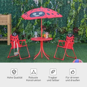 Outsunny Dětská zahradní sada stolu a židlí s piknikovou skládací sadou pro děti se slunečníkem s nastavitelnou výškou 100-125 cm, design berušky