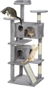 PawHut Kočičí škrabadlo výška 138 cm, strom pro kočky s sisalovými škrabacími sloupy, platformami, úkryty, zavěšenými míčky a hamakem, světle šedé | A