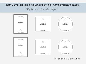MÜSLI - omyvatelná samolepka na dózu, výběr rozměrů Ø 5 cm / 5 x 5 cm / 6 x 8 cm | DomaLEP tvar: ČTVEREC, barva: BÍLÁ - ČERNÉ písmo, velikost: š. 5 cm x v. 5 cm - tučné písmo