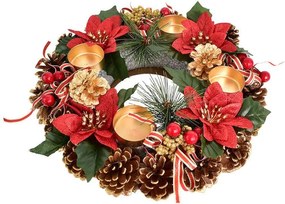Adventní šiškový věnec POINSETTIA s mašlí 30 cm