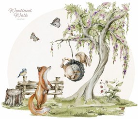 Gario Dětská nálepka na zeď Woodland walk - liška a zajíček na houpačce Rozměry: 110 x 93 cm