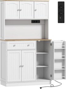HOMCOM vysoký kuchyňský buffet, kuchyňská skříňka, nabíjecí stanice, 6 dveří, pracovní deska, držák na koření, 100x40x173 cm, bílá