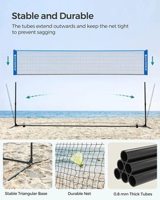 Badmintonová síť s přenosným stojanem, nastavitelná výška 5 x 1,5 m, modrá