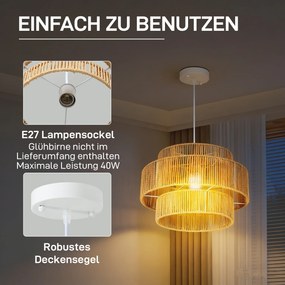 HOMCOM Závěsná lampa, 3stupňové stínidlo, kov, konopné lano, světle hnědá B31-521V00LR