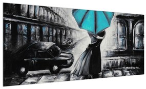 Obraz zamilovaného páru pod deštníkem (100x40 cm)