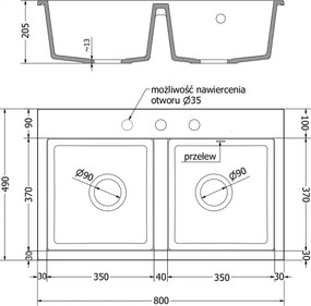 Mexen Hektor, 2-komorový granitový dřez 800x480x205 mm, černá, zlatý sifon,- 6521802000-77-G