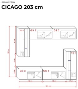 Ral Obývací stěna CHICAGO 4, 203 cm - Černo/bílý lesk