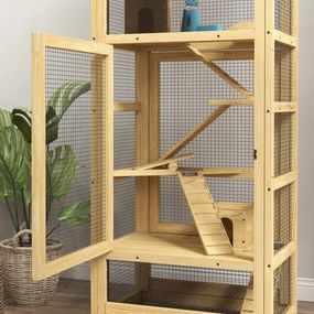 Klec pro křečka nebo myš PawHut, dřevěná pro malá zvířata, 5 úrovní s žebříkem, domeček, houpačka, odnímatelný tác, dávkovač vody, 54 x 38 x 131 cm, …