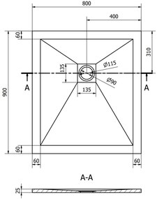 Mexen Stone+ kompozitní čtvercová sprchová vana 90 x 80 cm, Antracit - 44718090