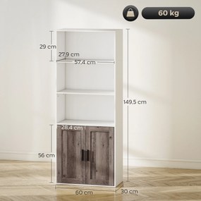 HOMCOM Knihovnička úzká Knihovnička s dveřmi Otevřené police a skříň 60x30x149,5 cm Bílá a hnědá