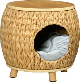 Pawhut Ratanová kočičí jeskyně 2 v 1 s polštářem - košík pro kočky, kočičí postel, kočičí chata, pet bed, vodní hyacint, paulownia dřevo, světlá hnědá