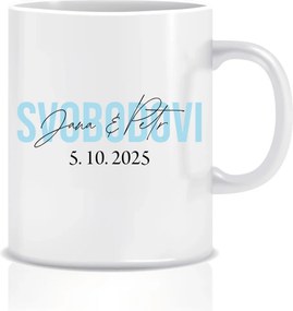 Personalizovaný klasický bílý keramický hrníček 300 ml se jmény novomanželů