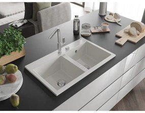Mexen Hektor, 2-komorový granitový dřez 800x480x205 mm, bílá, chromový sifon, 6521802000-20