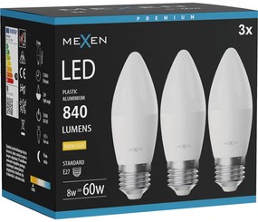 Mexen Nova 3x LED žárovka E27, C37, 8W, Teplá - 3000K, 840 lm - L102-E27-0830-01x03