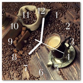Nástenné skleněné hodiny káva