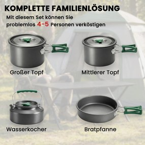 Outsunny kempingová sada nádobí 5dílná outdoor sada nádobí s rukojetmi chránícími před opařením, hrnec, pánev pro 4-5 osob, šedá