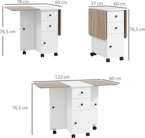 Skládací Kuchyňský Stůl HOMCOM s 2 Skládacími Místky, 2 Zásuvkami, 1 Skříňkou a 1 Úložným Policím 120 x 60 x 76,5 cm - Bílá a Dub