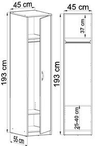 Úzká šatní skříň SIMELA - šířka 45 cm, dub sonoma / bílá