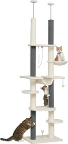 PawHut Stropní Škrabadlo, Kočičí Strom, 225-255 cm, Škrabadlo s Houpacími Síťmi, Škrabadly, Košem, Hracím Míčem, Kočičí Nábytek s Ochranným Mechanisme