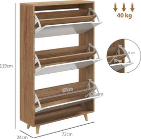 HOMCOM Botník se 3 dveřmi, regál na boty s nastavitelnou policí, 72Š x 24H x 119V cm, Přírodní a Bílý | Aosom