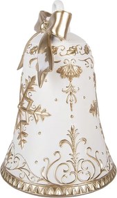Bílo-zlatý dekorační zvonek s vločkou a mašlí - Ø 18*26 cm
