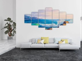 Obraz vln narážejících na útesy, olejomalba (210x100 cm)