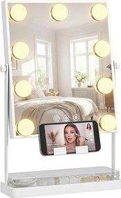 HOMCOM Hollywood make-up zrcátko s osvětlením, 9 LED lamp, 3 barvy, dotykový spínač, držák na mobil, bílé