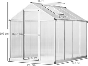 Zahradní skleník Outsunny z hliníku a polykarbonátu 4,6 m² rozměr 2,42D x 1,9Š x 1,95V m s dveřmi na zámek a oknem