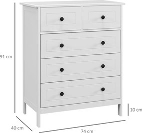 HOMCOM Bílá komoda s 5 šuplíky a úchyty vysoká komoda pro obývací pokoj, kancelář, studijní prostory moderní styl 74x40x91 cm