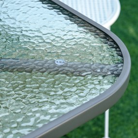Outsunny Obdélníkový Zahradní Stůl s Zakřivenými Kovovými Okraji a Otvorem pro Slunečník, Temperované Sklo 70kg Kapacita 140x80x70 cm Tmavě Šedá