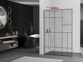 Mexen Kioto L, sprchová zástěna Walk-In 90 x 200 cm, 8mm čiré sklo černý vzor, ​​měděný matný profil, 800-090-103-65-78