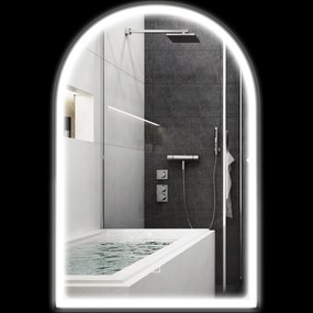 HOMCOM Zrcadlo do koupelny 90 x 60 cm, zakřivené nástěnné zrcadlo s LED osvětlením, nastavitelným trojbarevným světlem, funkcí proti zamlžování, pamět