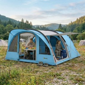 Rodinný tunelový stan Outsunny pro 4 osoby s obytným prostorem, odnímatelnou přepážkou, okny a integrovanou podlážkou — vodní sloupec 3000 mm (světle…