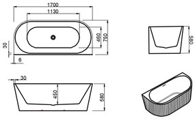 BPS-koupelny Volně stojící akrylátová vana ke stěně HYD-CA517D 170x75 bílá, odtokový komplet zlatý