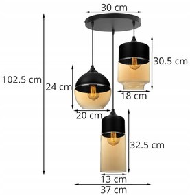 Závěsné svítidlo OSLO 4, 3x černé/medové skleněné stínítko, O